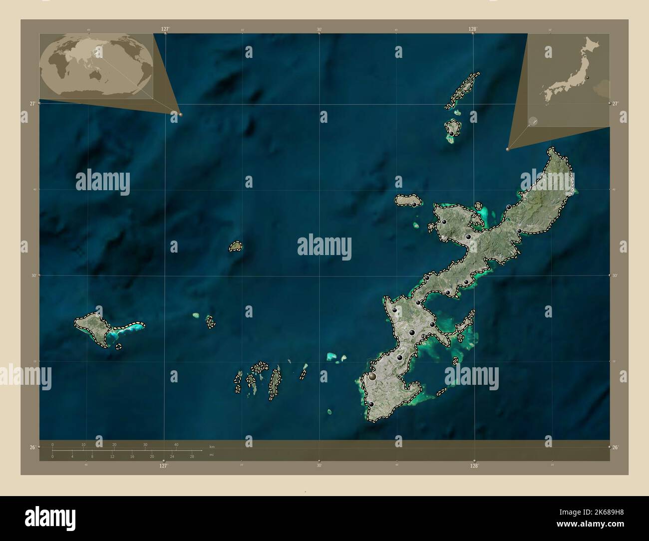 Okinawa, prefecture of Japan. High resolution satellite map. Locations ...