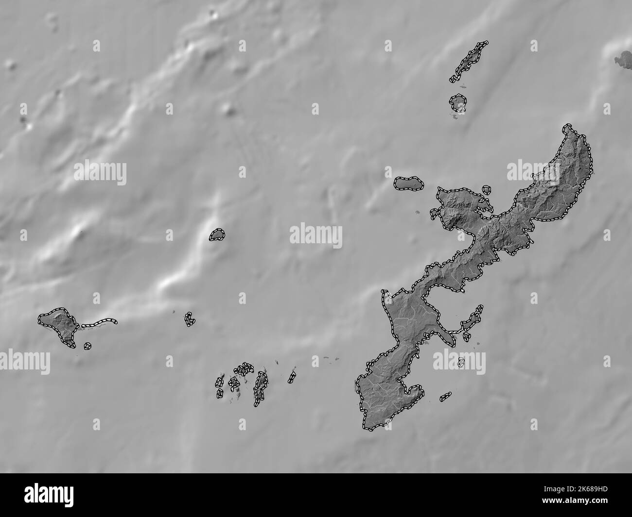 Okinawa, prefecture of Japan. Bilevel elevation map with lakes and ...
