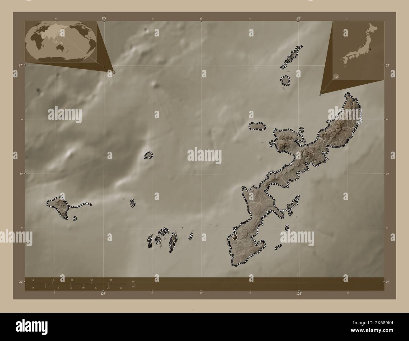 Okinawa, prefecture of Japan. Elevation map colored in sepia tones with ...