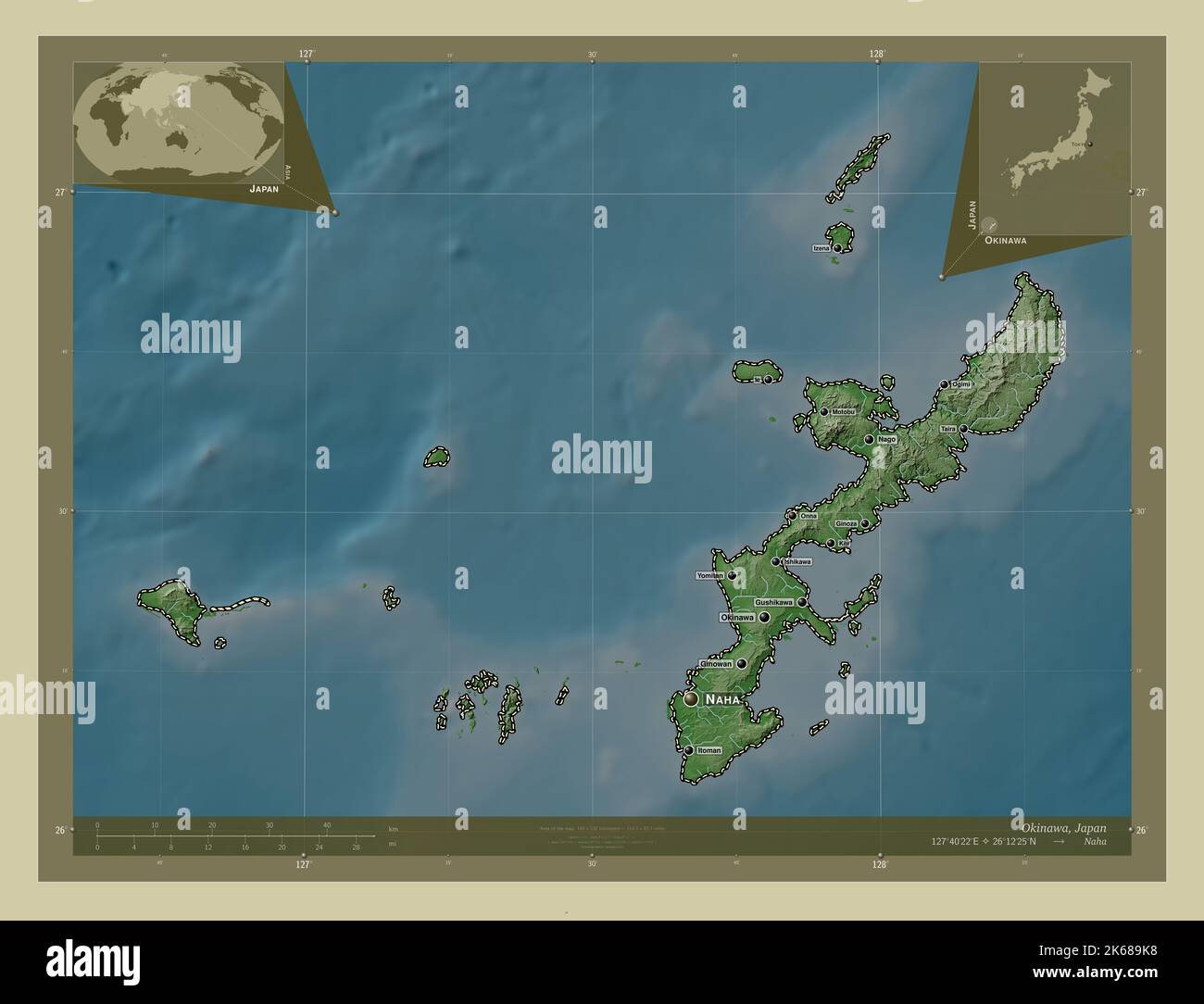 Okinawa, prefecture of Japan. Elevation map colored in wiki style with ...