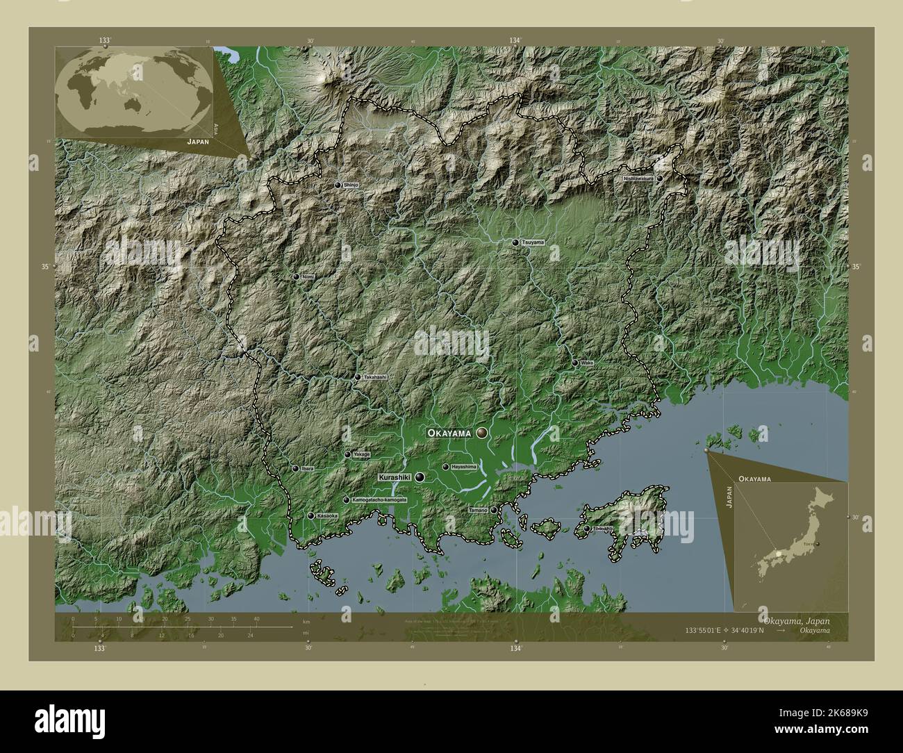 Okayama, prefecture of Japan. Elevation map colored in wiki style with ...