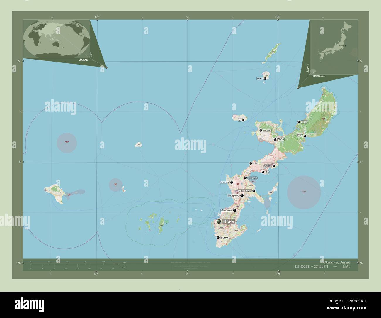Okinawa, prefecture of Japan. Open Street Map. Locations and names of ...