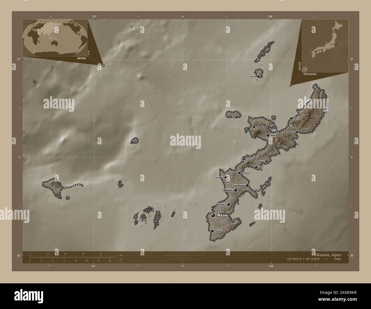 Okinawa, prefecture of Japan. Elevation map colored in sepia tones with ...