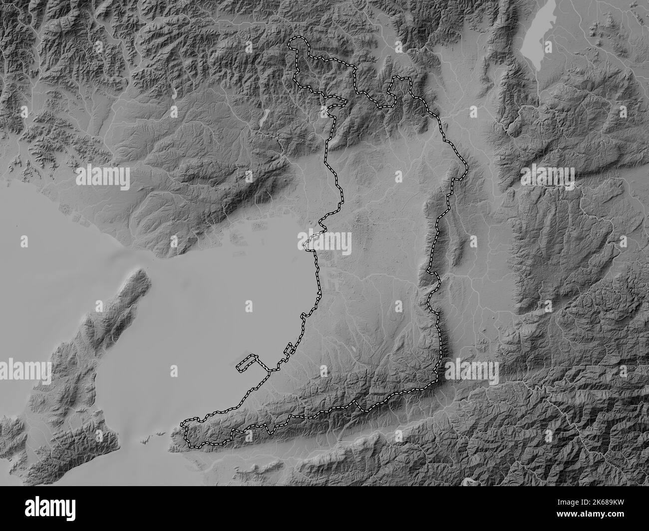 Osaka, urban prefecture of Japan. Grayscale elevation map with lakes ...
