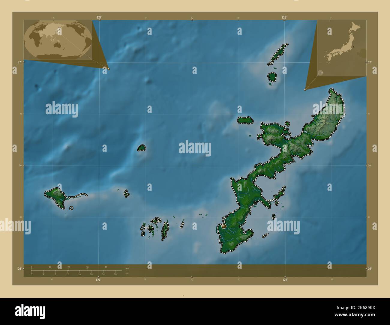 Okinawa, prefecture of Japan. Colored elevation map with lakes and ...