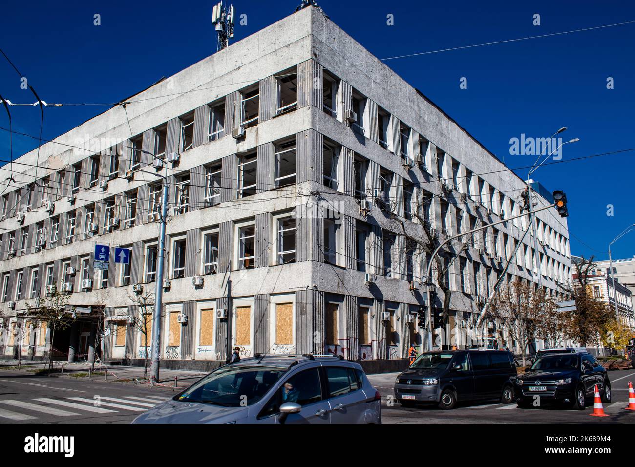Aftermath of massive Russian missile attacks, facade of historical ...