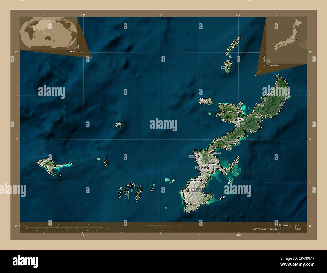 Okinawa, prefecture of Japan. Low resolution satellite map. Locations ...