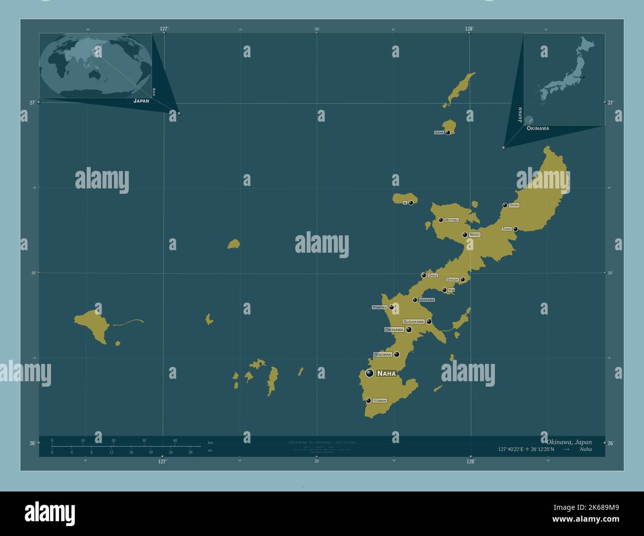 Okinawa, prefecture of Japan. Solid color shape. Locations and names of ...