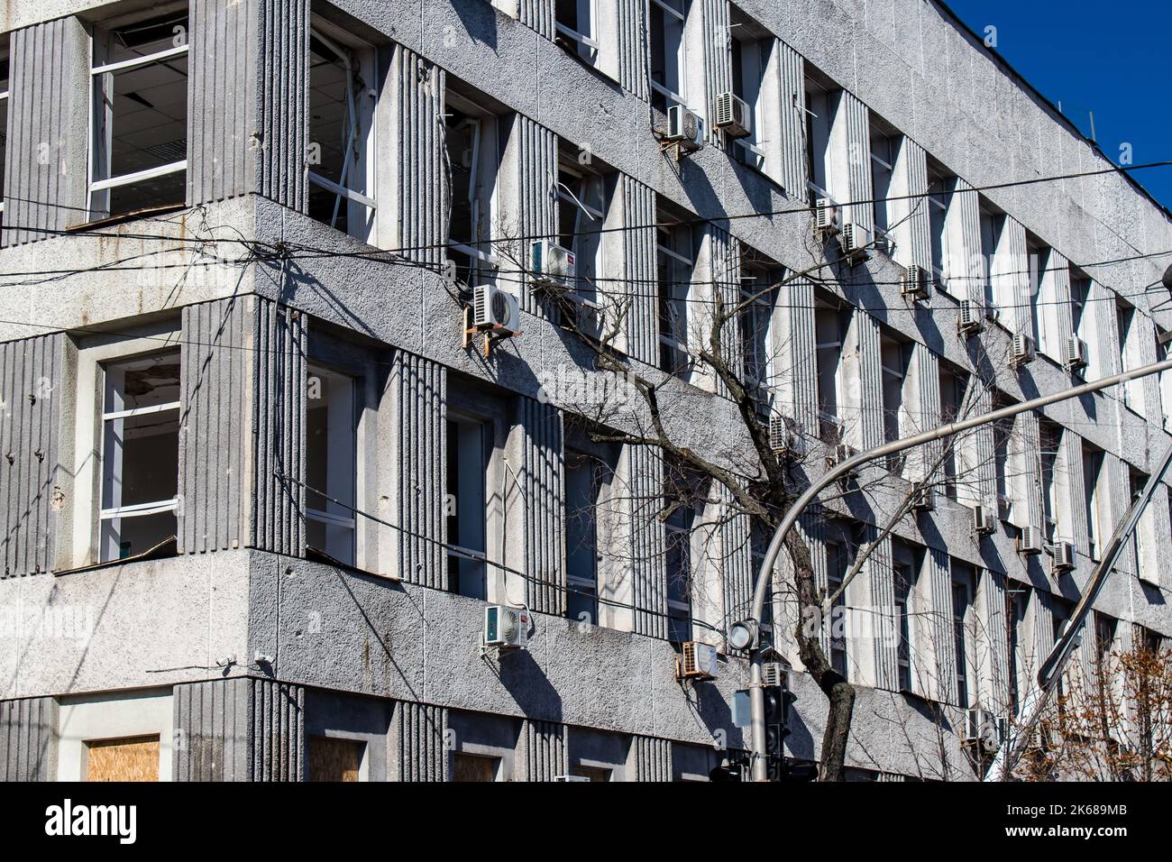 Aftermath of massive Russian missile attacks, facade of historical ...