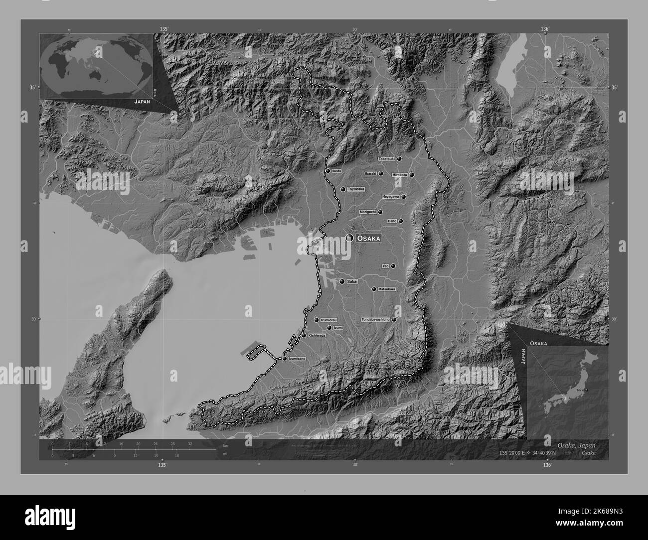 Osaka, urban prefecture of Japan. Bilevel elevation map with lakes and ...