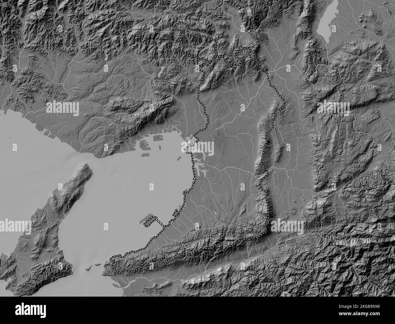 Osaka, urban prefecture of Japan. Bilevel elevation map with lakes and ...