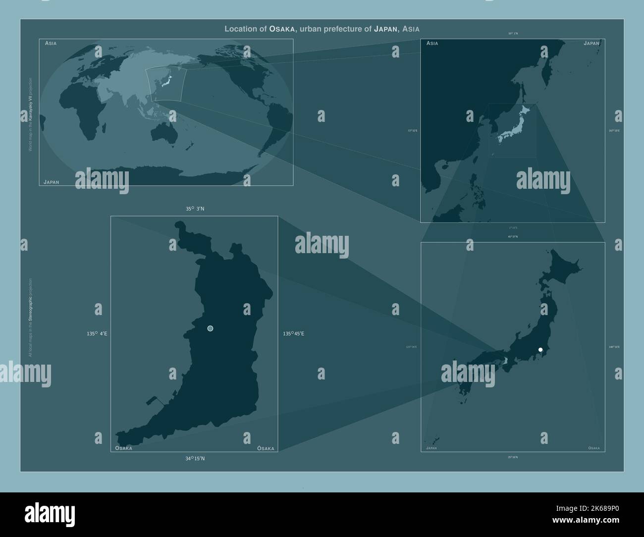 Osaka, urban prefecture of Japan. Diagram showing the location of the ...