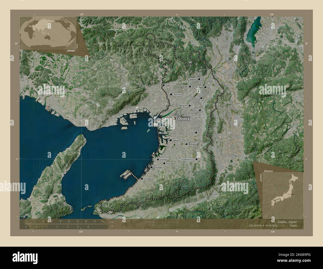 Osaka, urban prefecture of Japan. High resolution satellite map ...