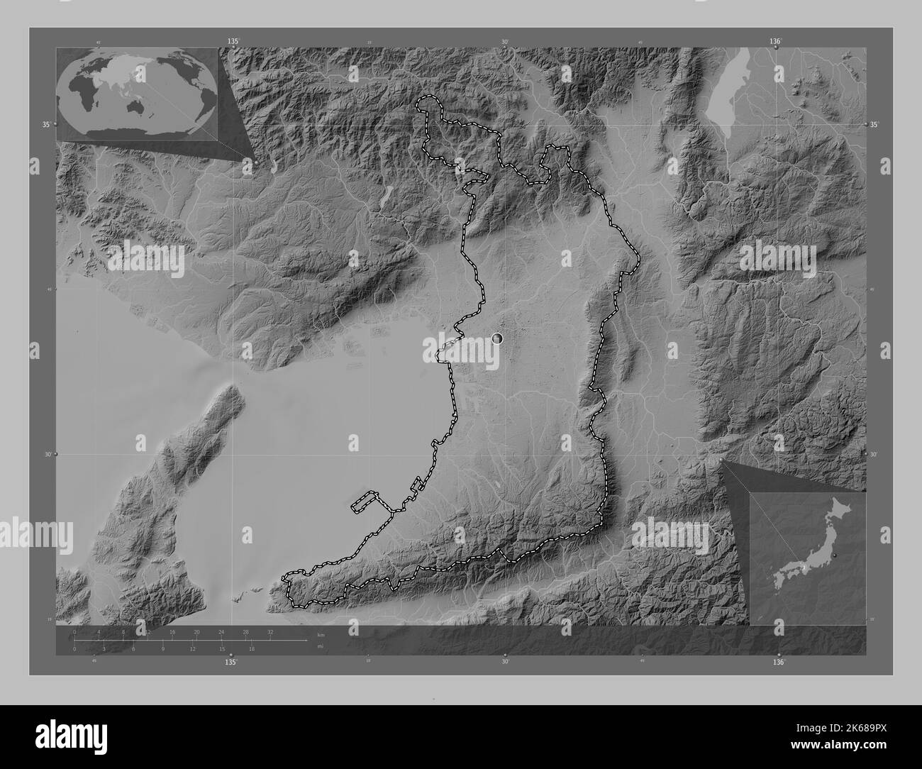 Osaka, urban prefecture of Japan. Grayscale elevation map with lakes ...