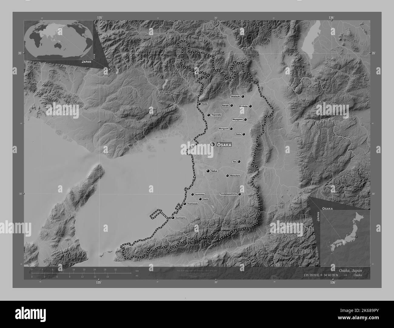 Osaka, urban prefecture of Japan. Grayscale elevation map with lakes ...