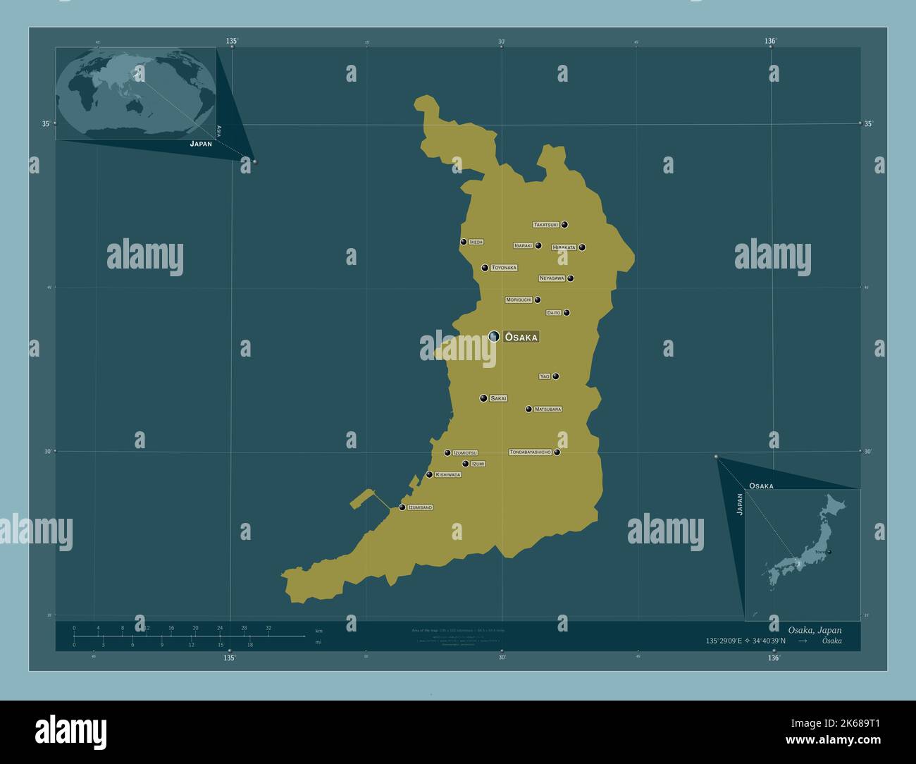 Osaka, urban prefecture of Japan. Solid color shape. Locations and ...