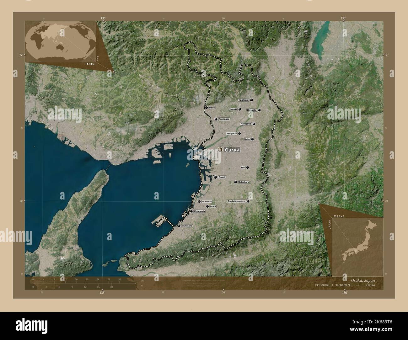 Osaka, urban prefecture of Japan. Low resolution satellite map ...