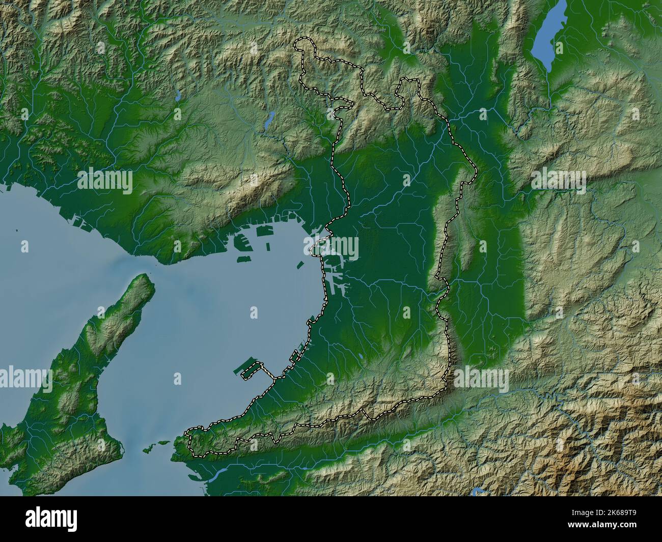 Osaka, urban prefecture of Japan. Colored elevation map with lakes and ...