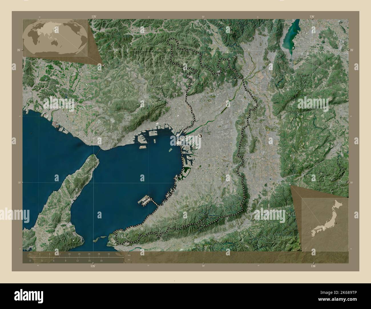 Osaka, urban prefecture of Japan. High resolution satellite map. Corner ...