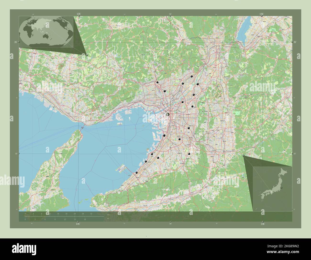 Osaka, urban prefecture of Japan. Open Street Map. Locations of major ...