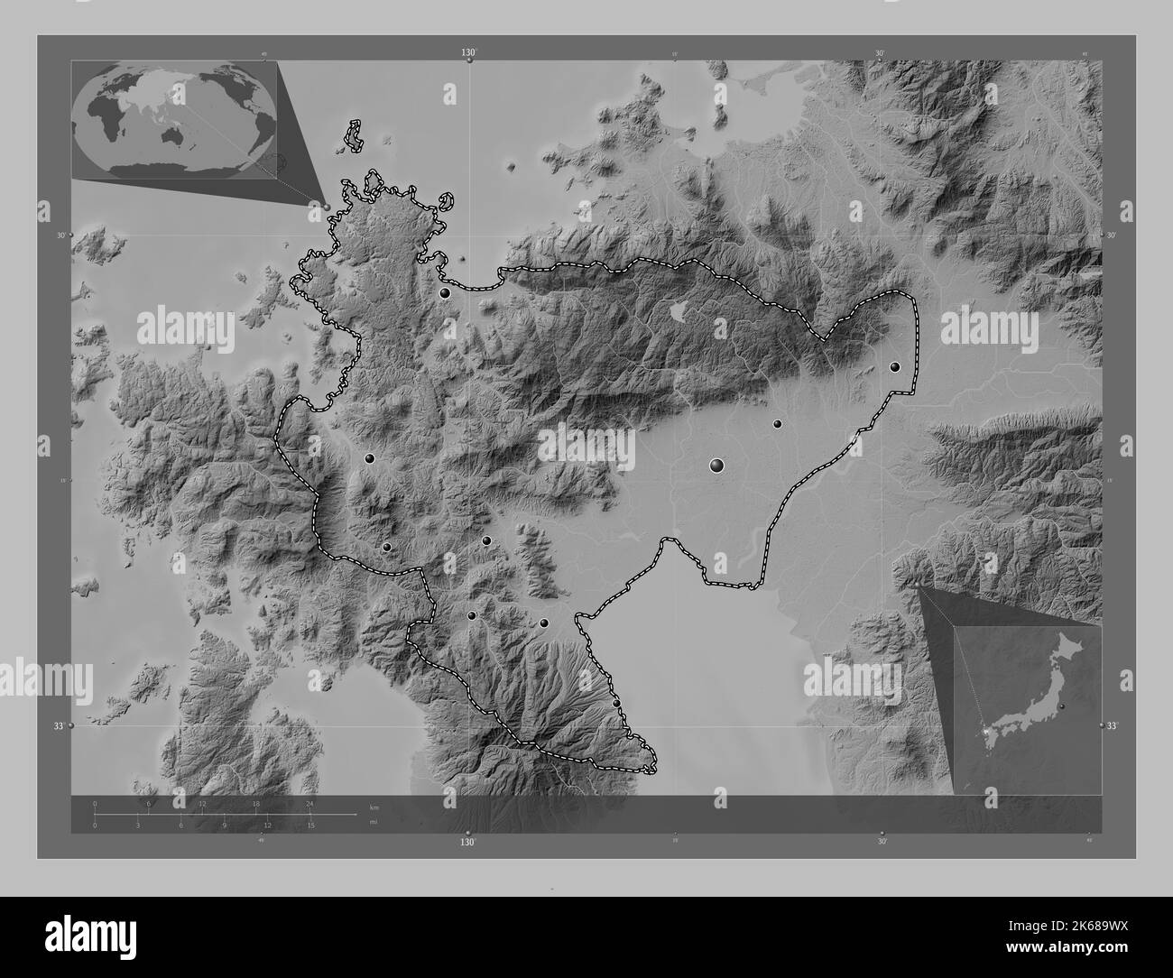 Saga, prefecture of Japan. Grayscale elevation map with lakes and ...
