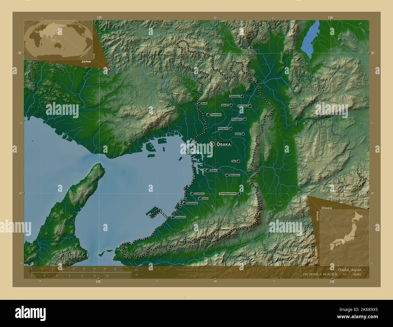 Osaka, urban prefecture of Japan. Colored elevation map with lakes and ...
