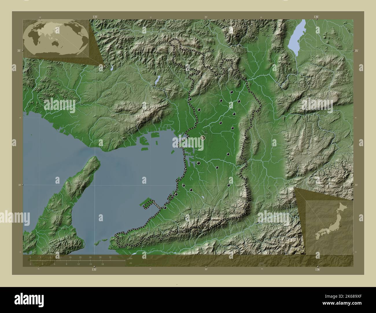 Osaka, urban prefecture of Japan. Elevation map colored in wiki style ...