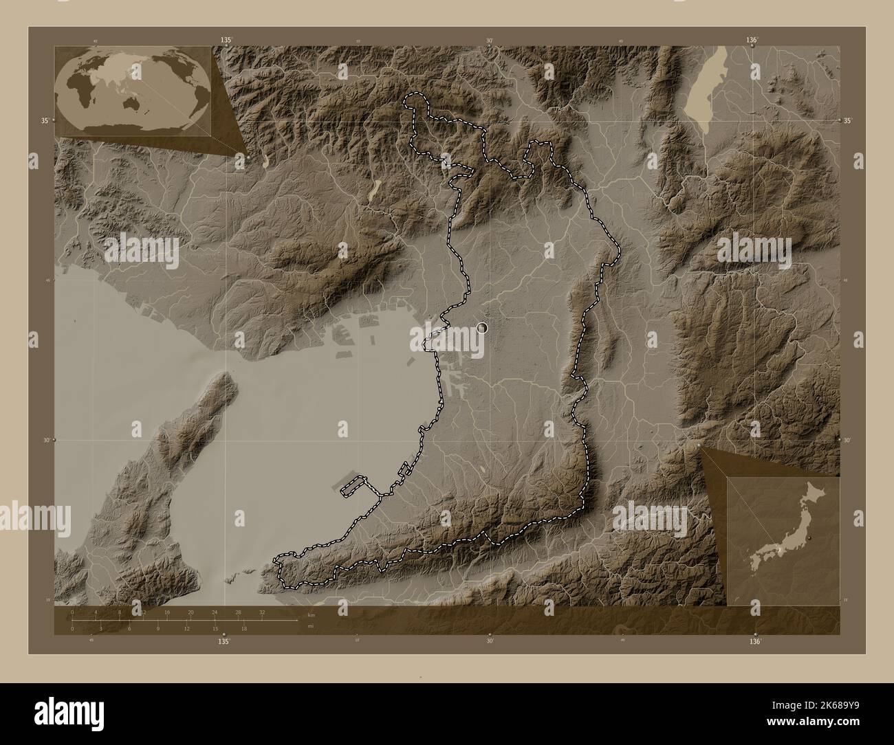 Osaka, urban prefecture of Japan. Elevation map colored in sepia tones ...