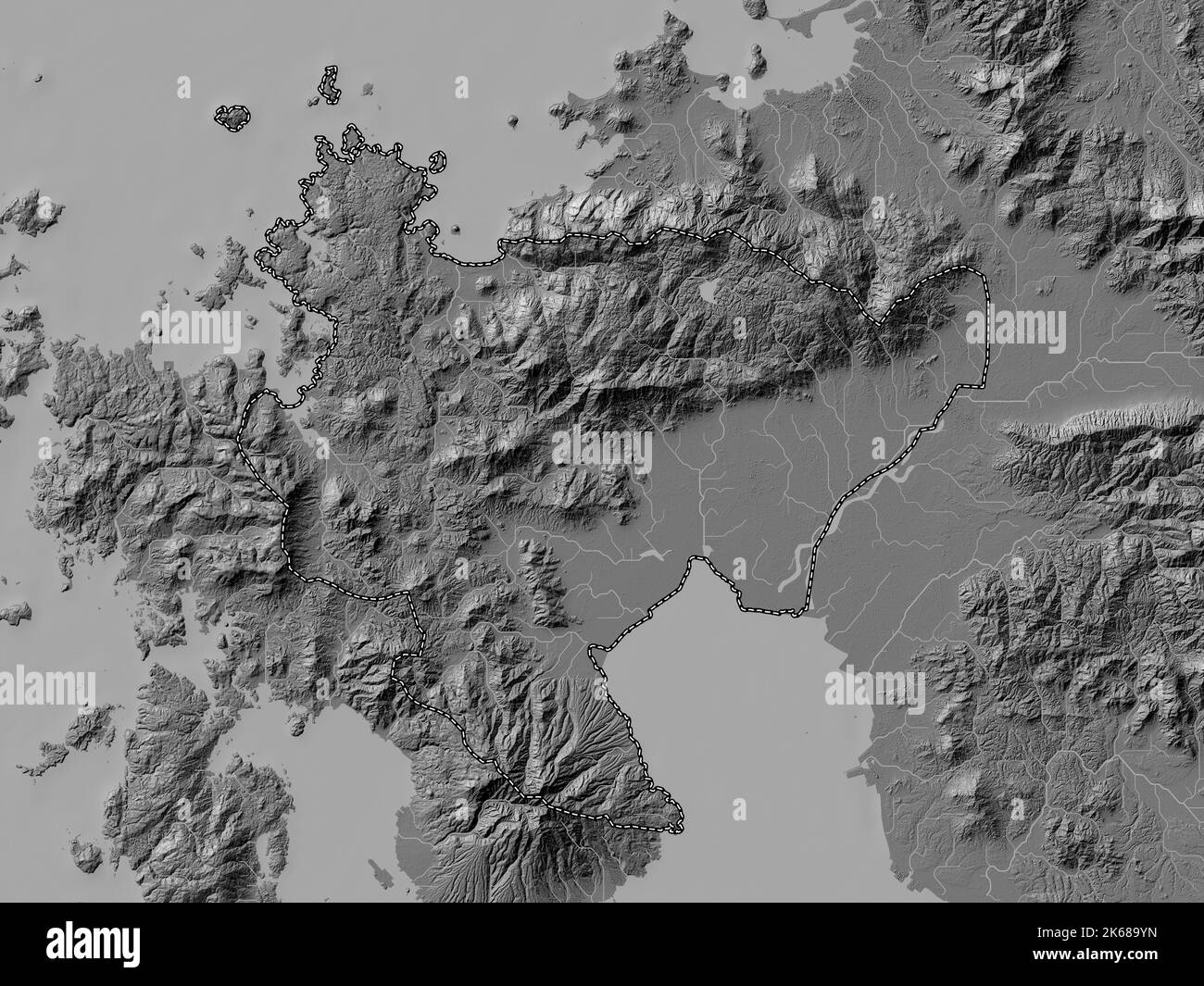 Saga, prefecture of Japan. Bilevel elevation map with lakes and rivers ...