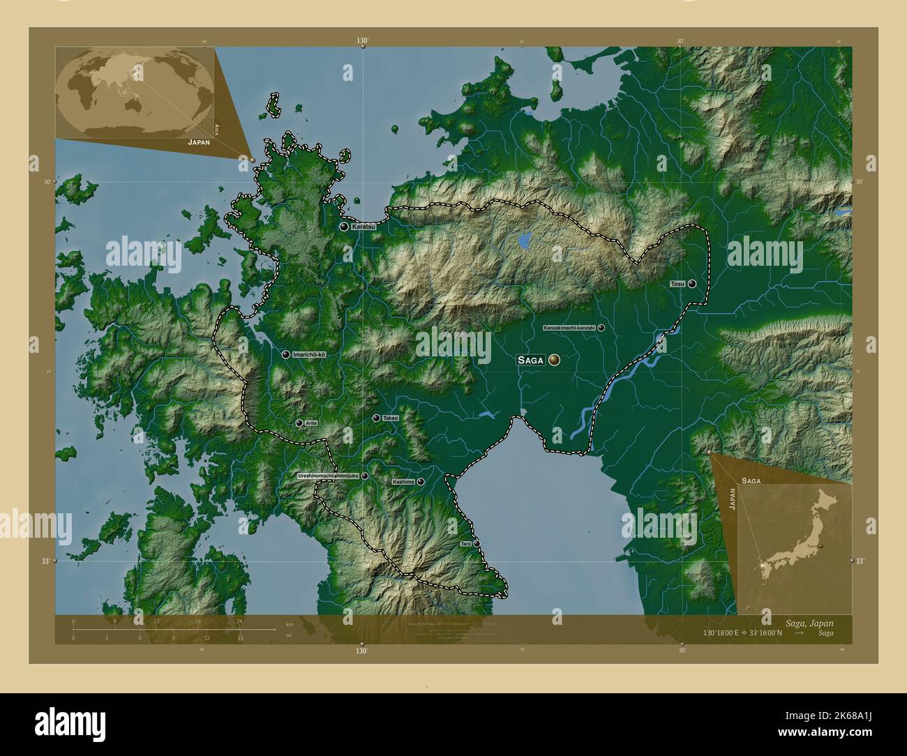 Saga, prefecture of Japan. Colored elevation map with lakes and rivers ...
