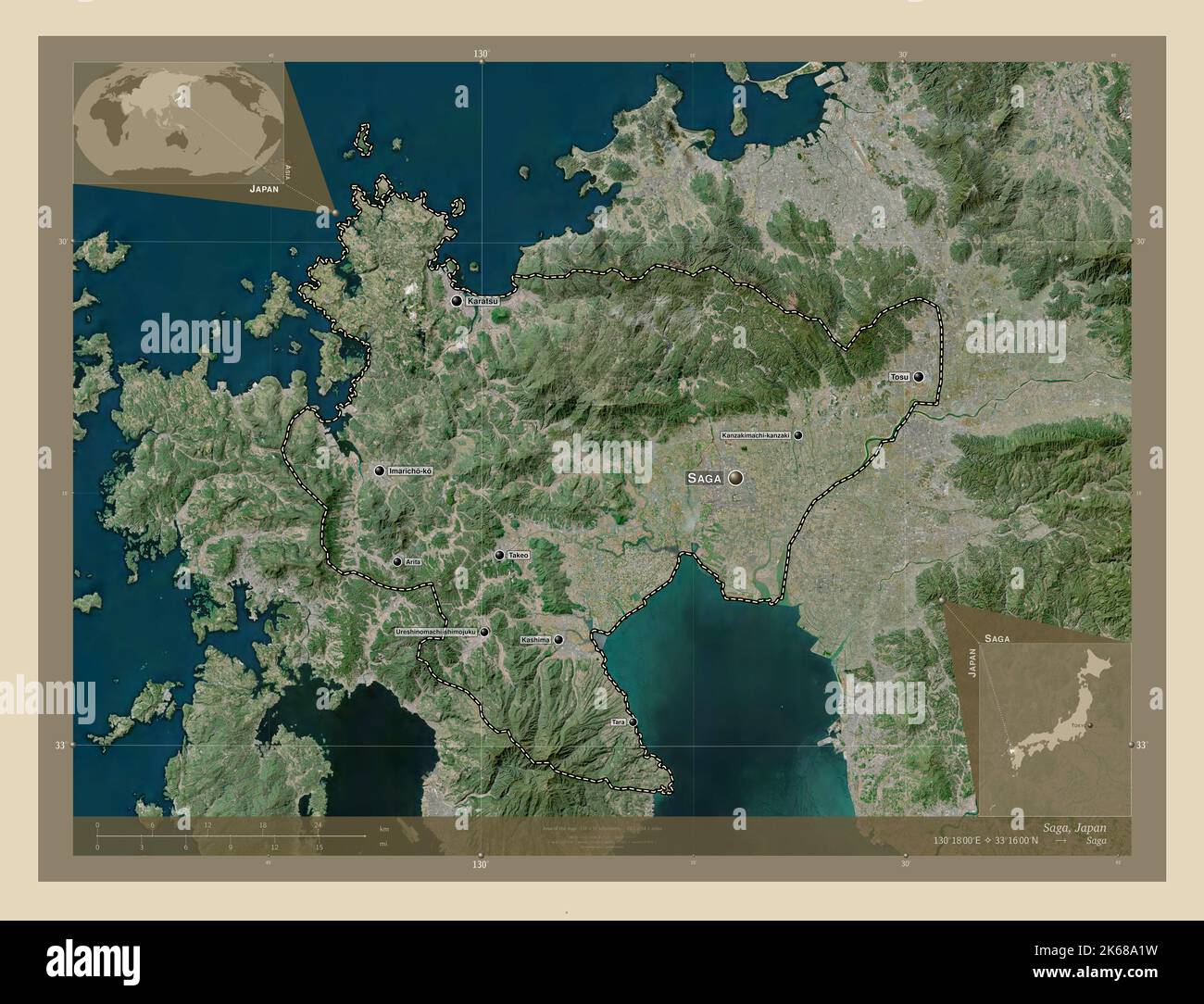 Saga, prefecture of Japan. High resolution satellite map. Locations and ...