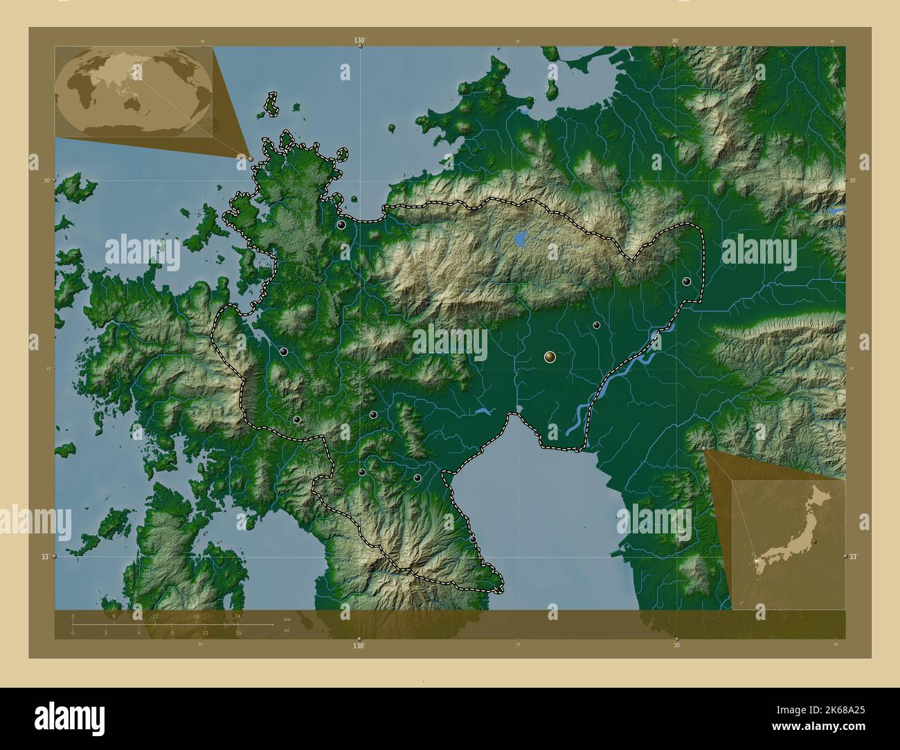 Saga, prefecture of Japan. Colored elevation map with lakes and rivers ...