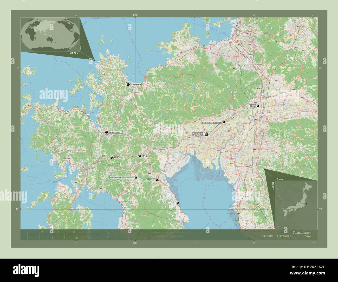 Saga, prefecture of Japan. Open Street Map. Locations and names of ...