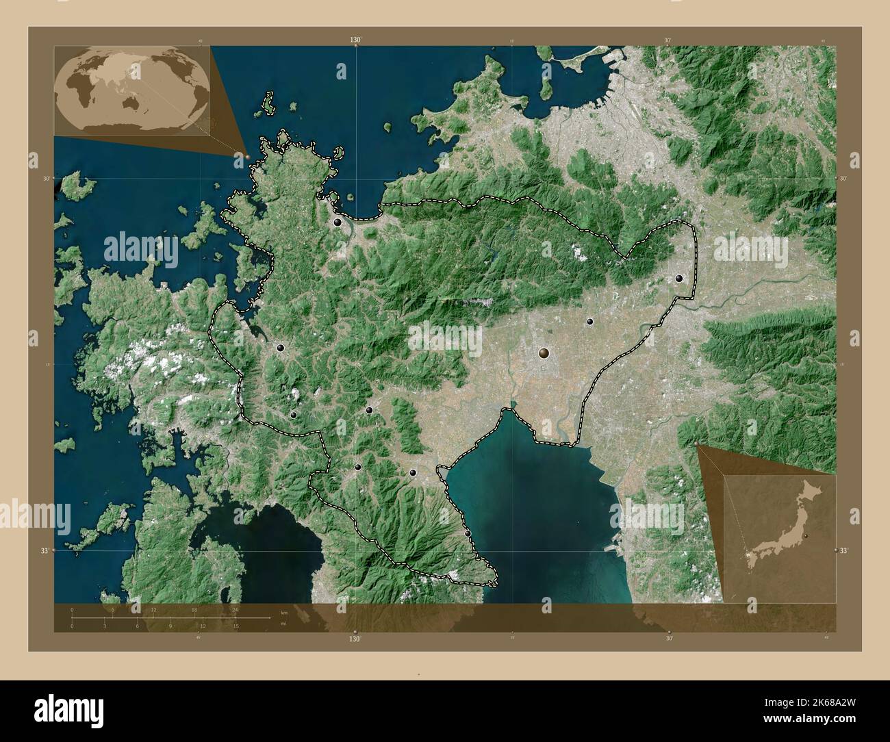 Saga, prefecture of Japan. Low resolution satellite map. Locations of ...