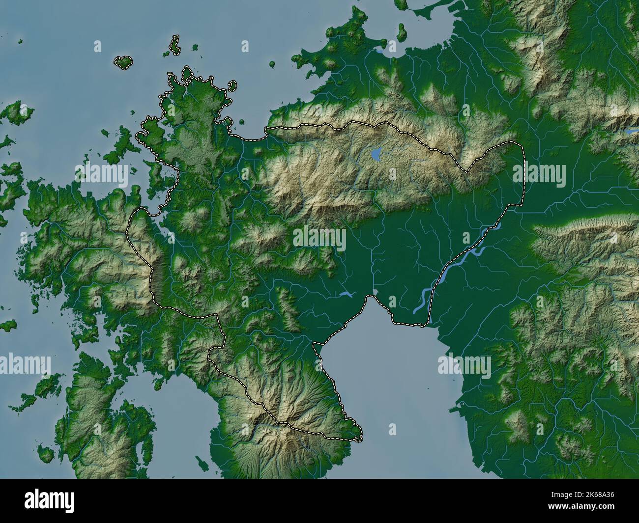 Saga, prefecture of Japan. Colored elevation map with lakes and rivers ...