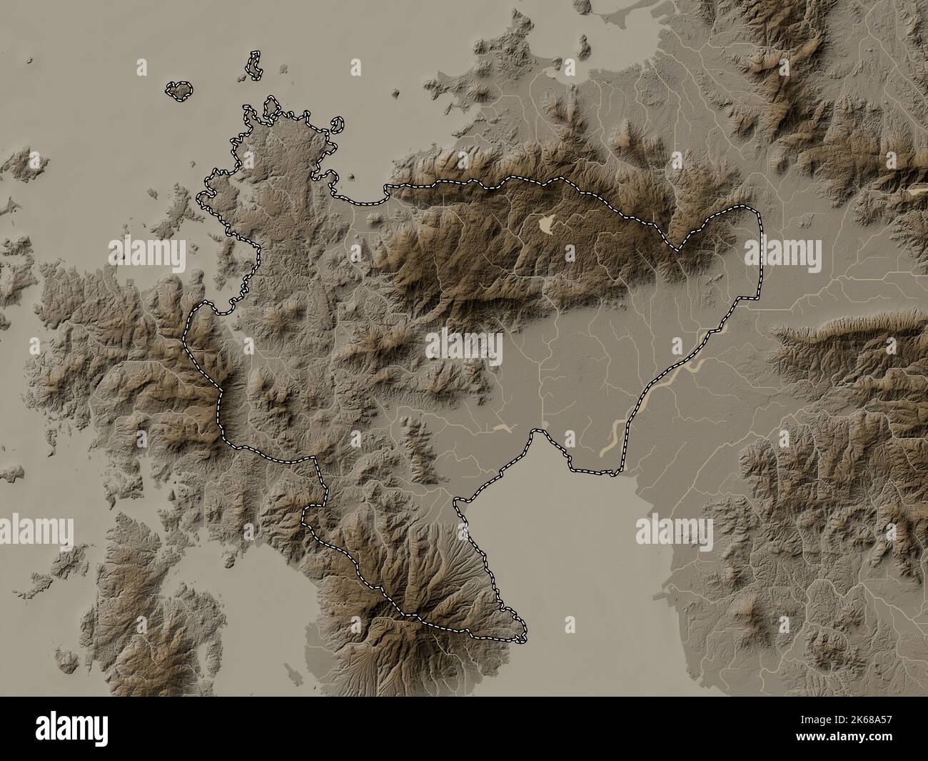 Saga, prefecture of Japan. Elevation map colored in sepia tones with ...