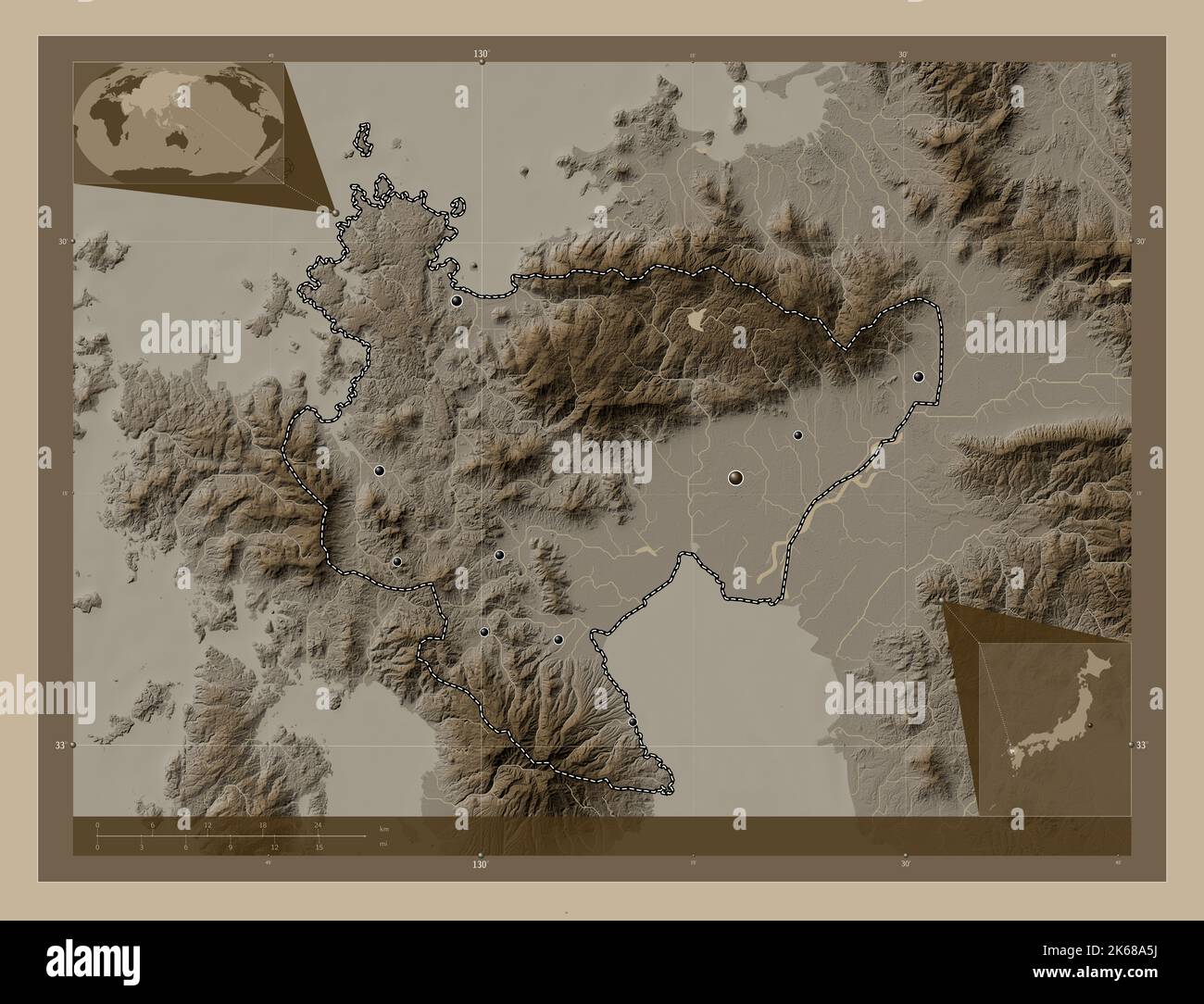 Saga, prefecture of Japan. Elevation map colored in sepia tones with ...