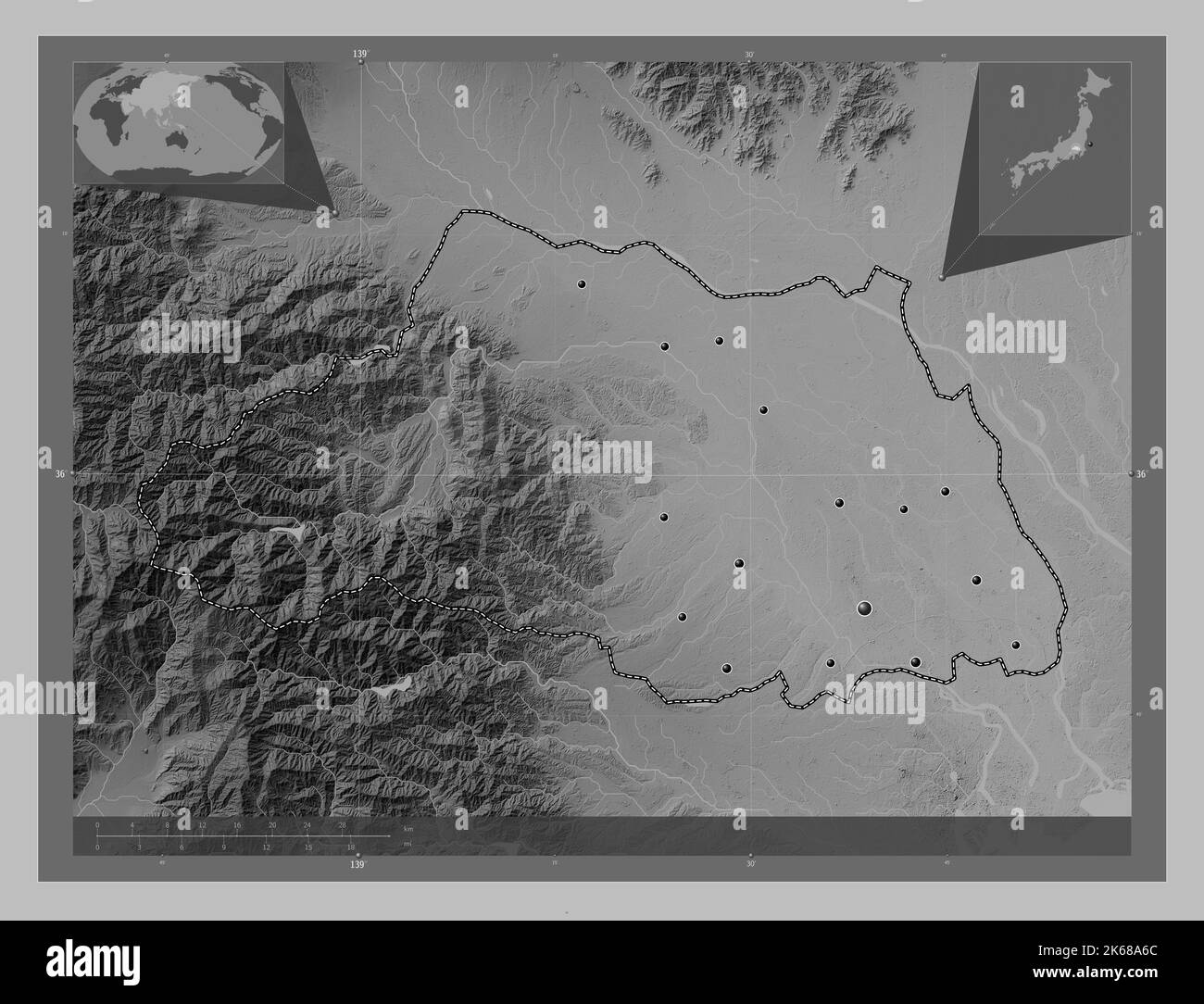 Saitama, prefecture of Japan. Grayscale elevation map with lakes and ...