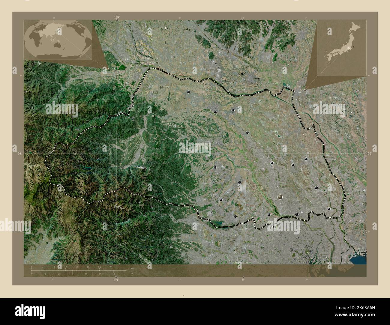 Saitama, prefecture of Japan. High resolution satellite map. Locations ...
