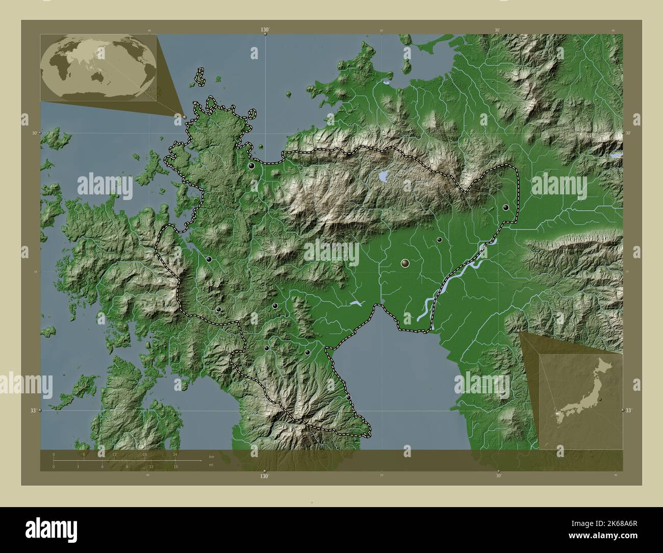 Saga, prefecture of Japan. Elevation map colored in wiki style with ...