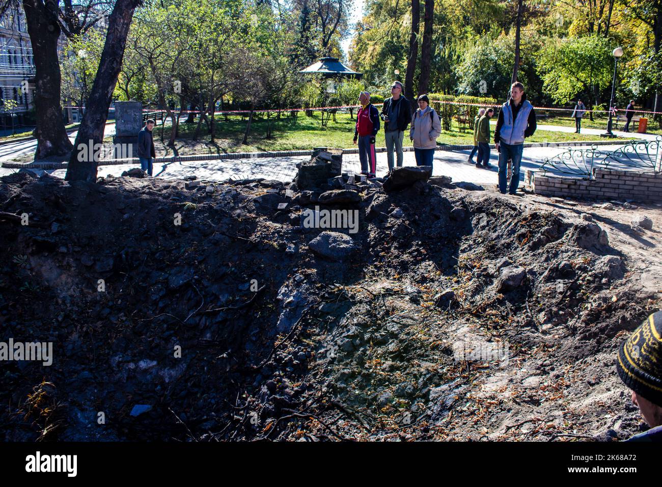 Aftermath of massive Russian missile attacks, a public garden in the ...