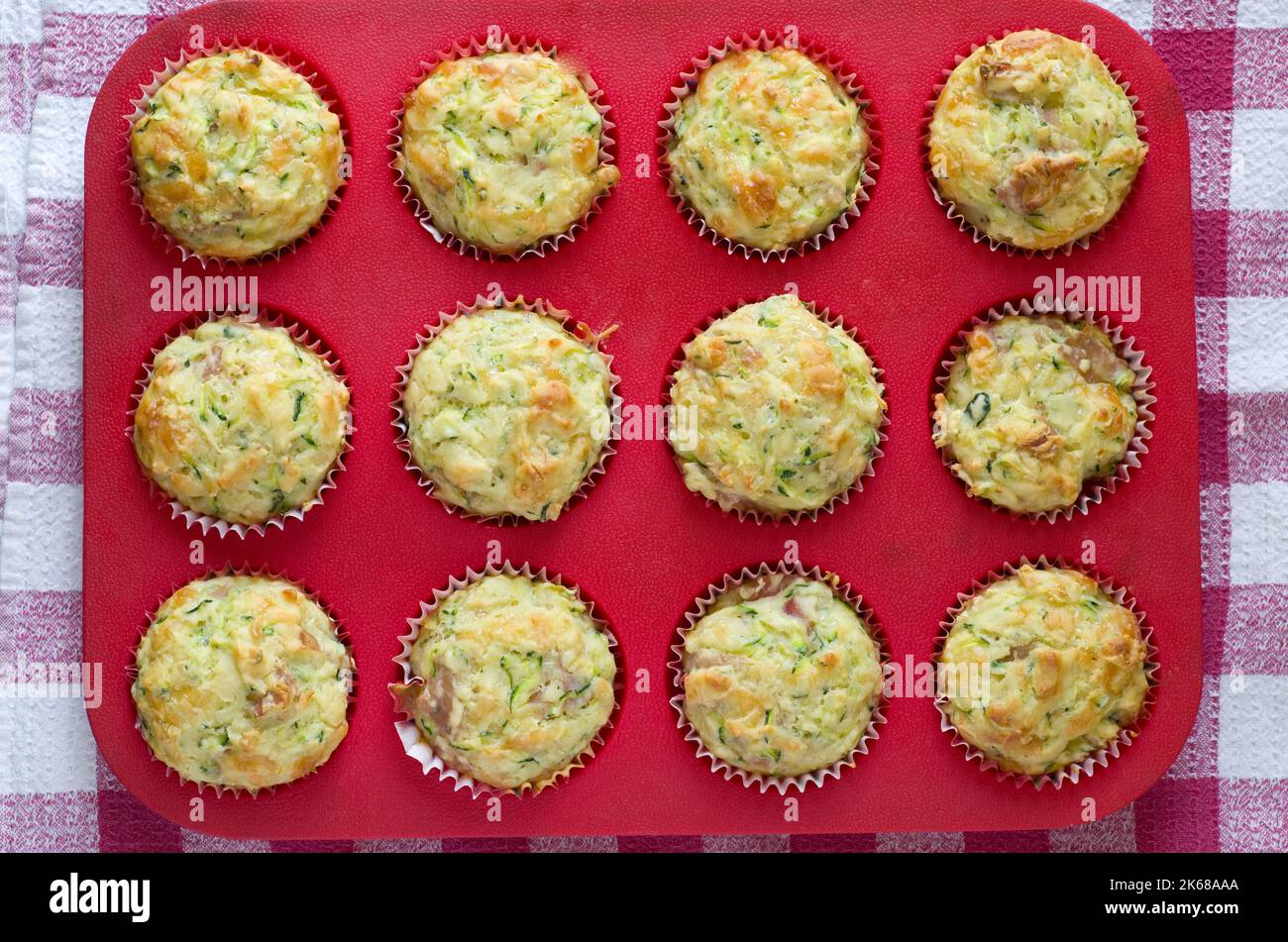 Top View of Zucchini Muffins in Red Baking Tray Horizontal Stock Photo ...