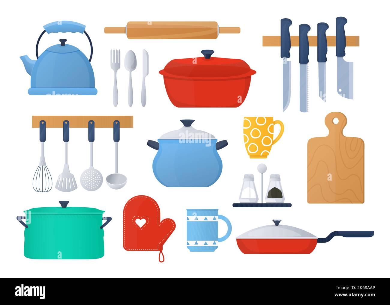 Kitchen Utensils And Crockery Flat Design Style Objects Set Stock