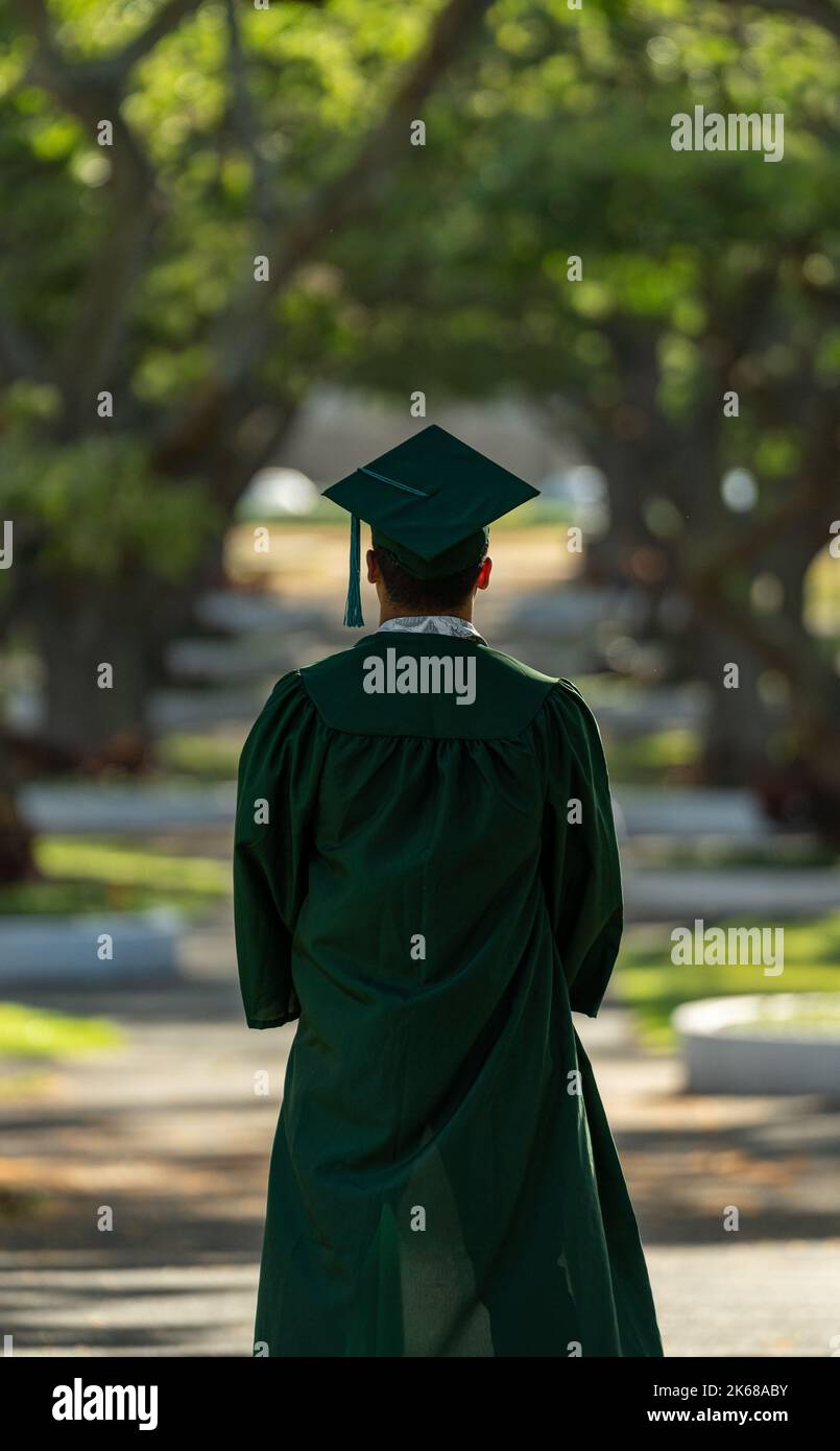 A vertical back view of a male in a green graduation robe and hat in a ...