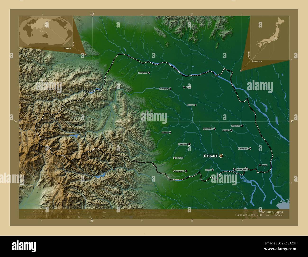 Saitama, prefecture of Japan. Colored elevation map with lakes and ...
