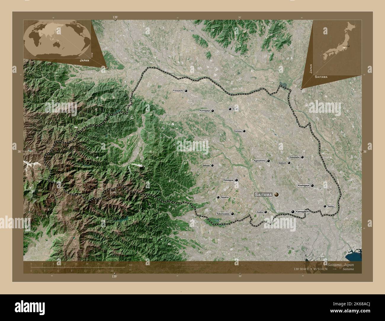 Saitama, prefecture of Japan. Low resolution satellite map. Locations ...