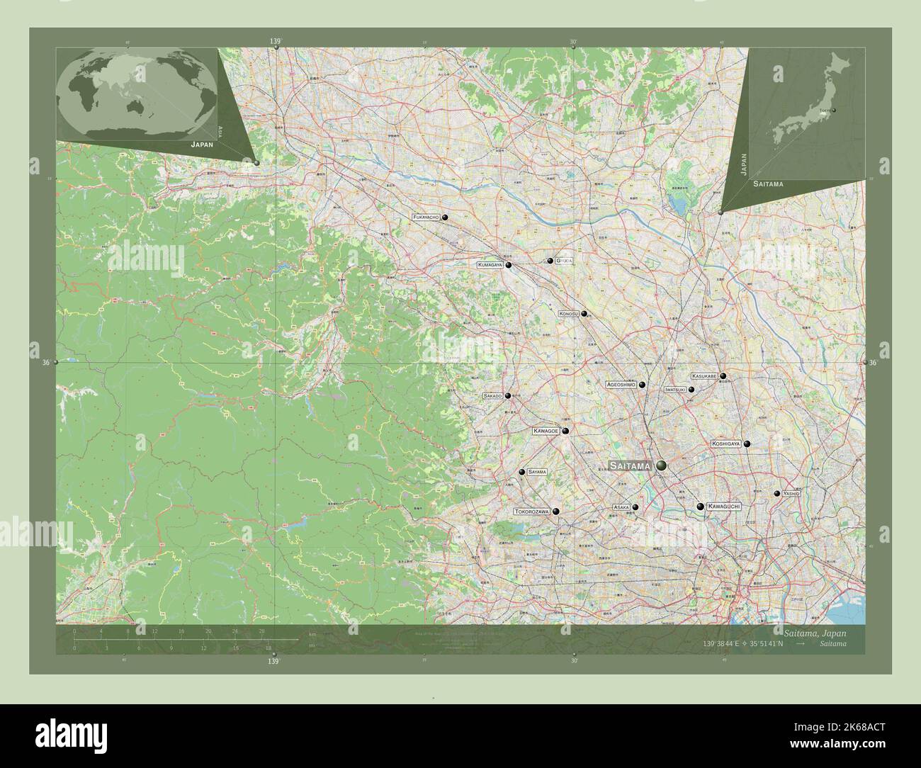 Saitama, prefecture of Japan. Open Street Map. Locations and names of ...