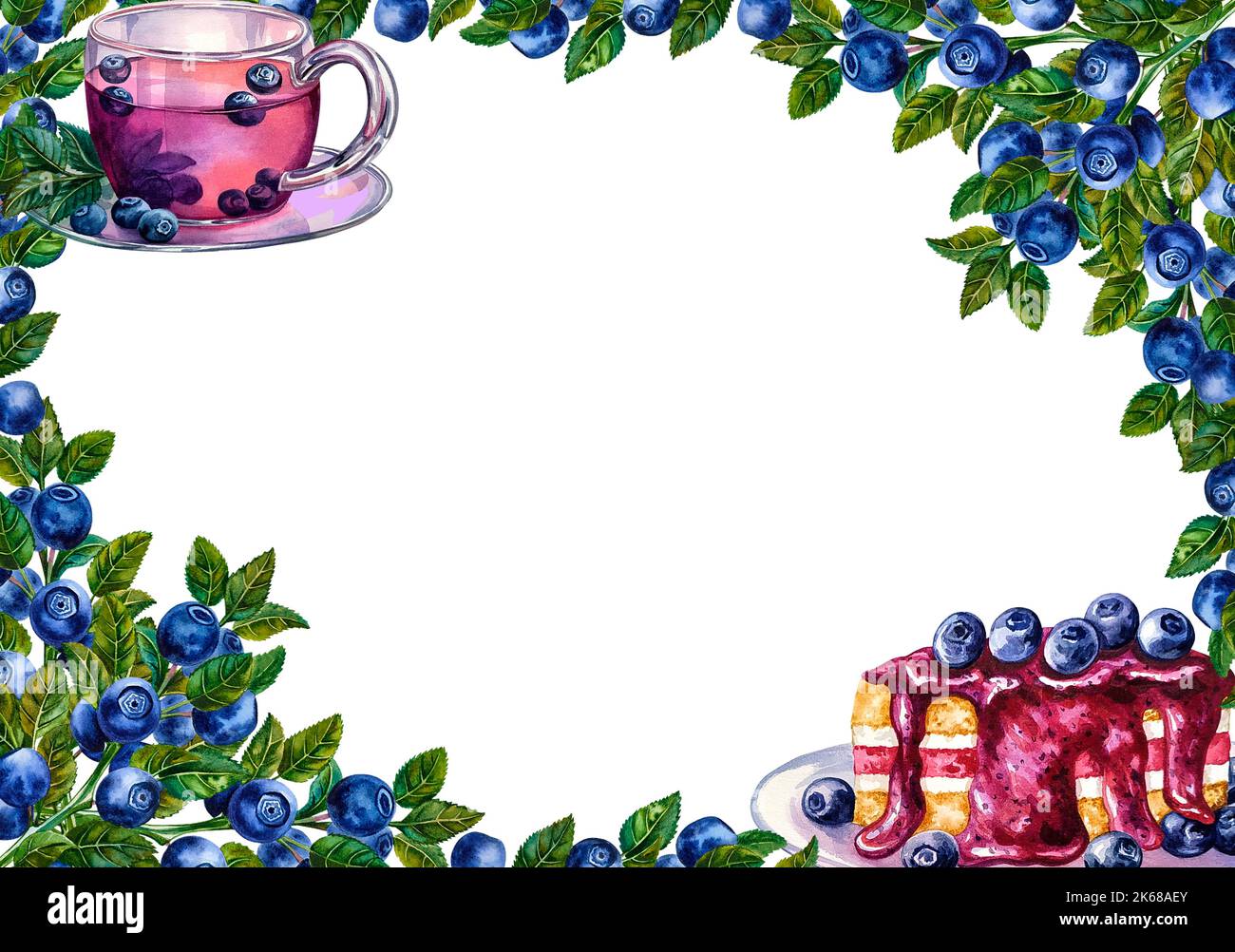 Blueberry. Frame with blue berries, a cake and a cup of tea. Fresh ...