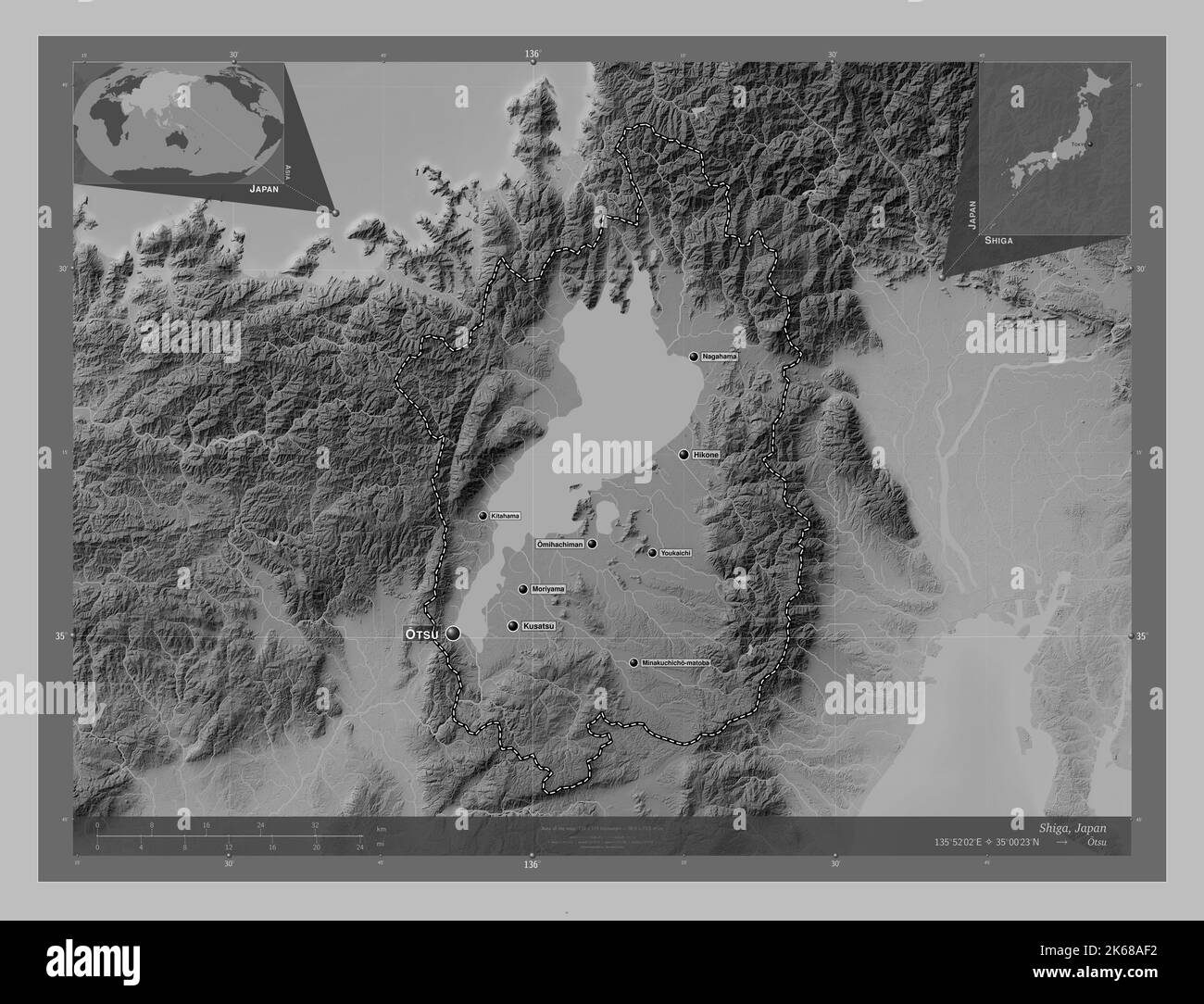 Shiga, prefecture of Japan. Grayscale elevation map with lakes and ...