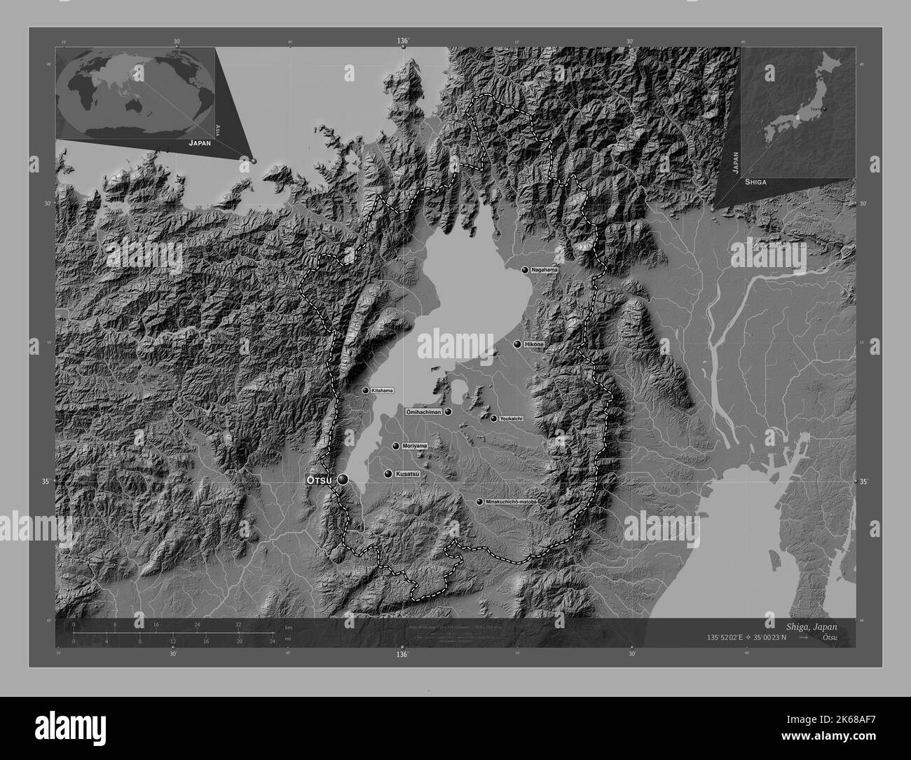 Shiga, prefecture of Japan. Bilevel elevation map with lakes and rivers ...